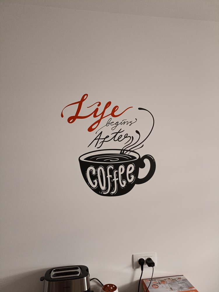 Sticker faianta, cafea, pentru bucatarie, cu mesaj, life begins after ...