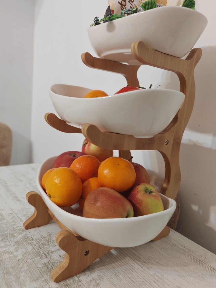 Fructiera Etajata din Ceramica, Zoffer, Suport de Lemn, Alb - eMAG.ro