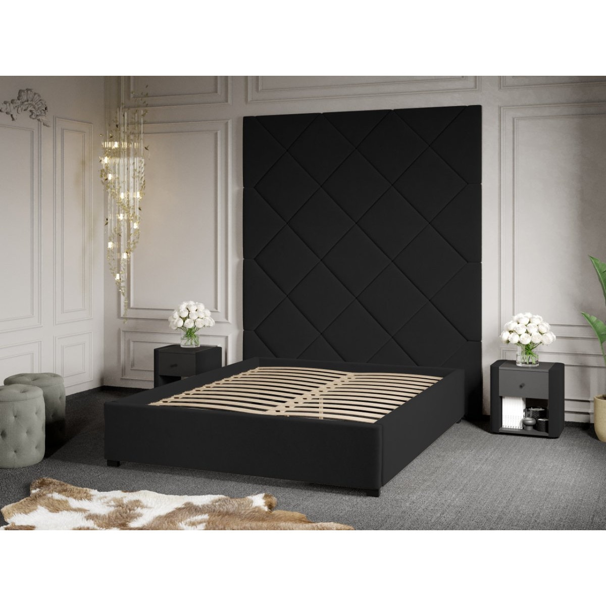 Pat Tapitat cu Panou 191x228, C1, Dubai cu Somiera fixa, 180x200, Gri ...
