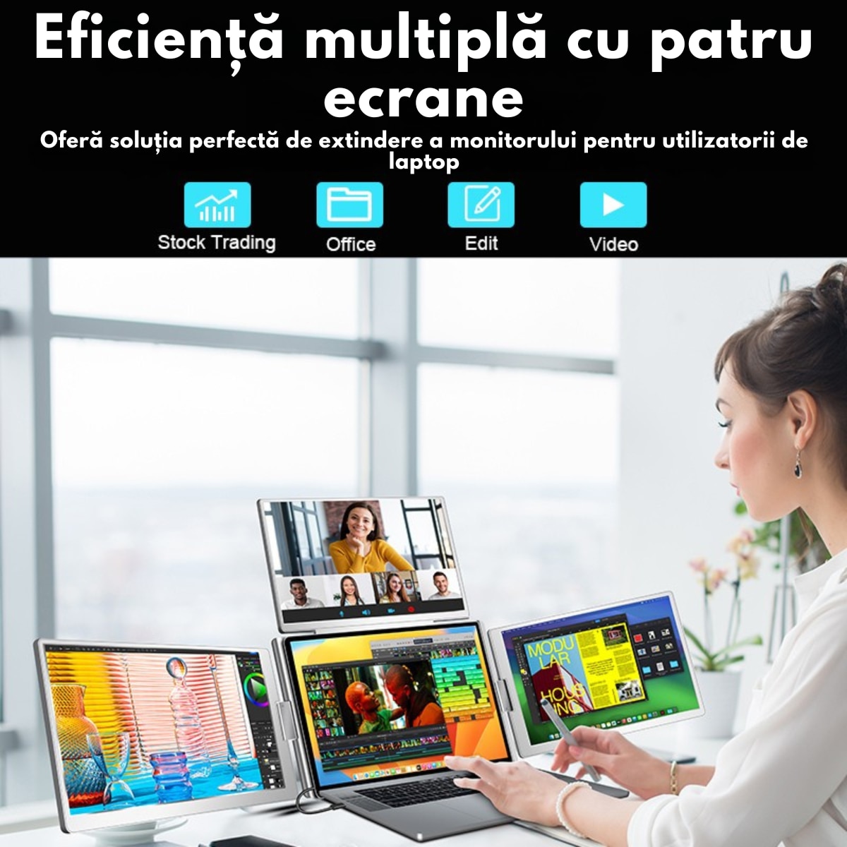 Monitor Triplu Extensibil si Portabil pentru laptop, QOVA®, Quad Screen ...