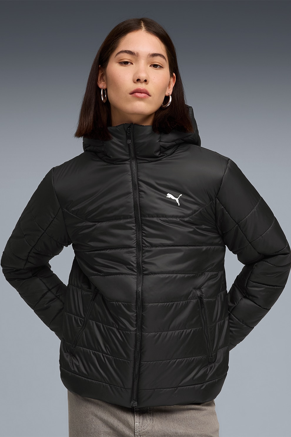 Puma, Jacheta matlasata cu logo si gluga, Negru, L - eMAG.ro