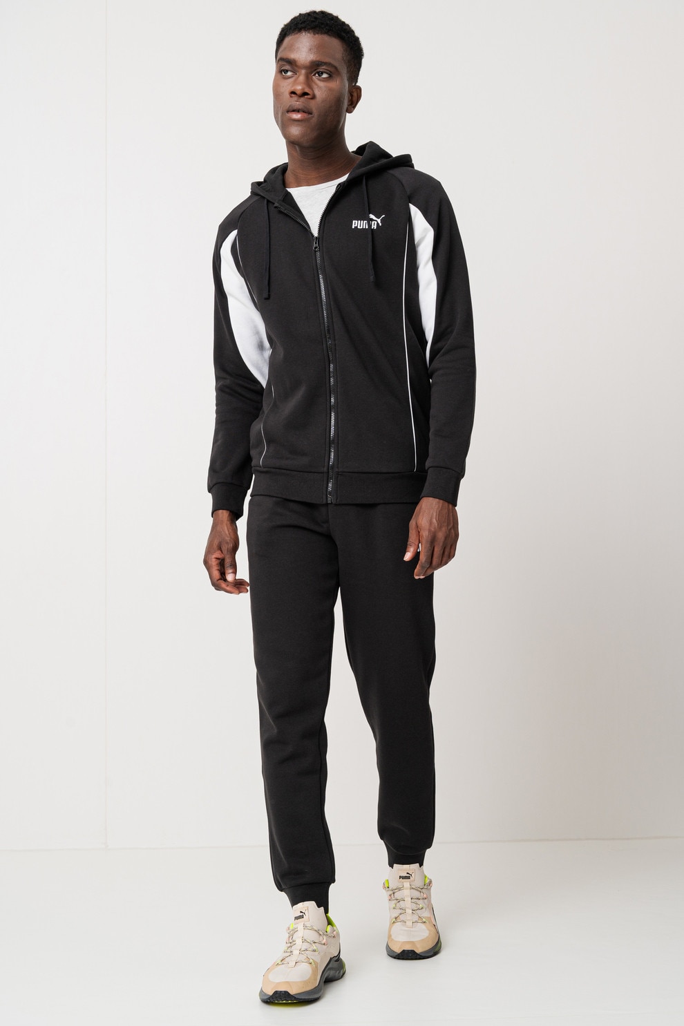 Puma, Trening cu fermoar si gluga, Alb, Negru, XL - eMAG.ro