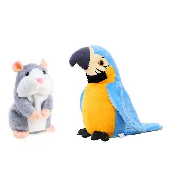 Set = 2 jucarii interactive, hamster vorbitor 15 cm, papagal vorbitor ...