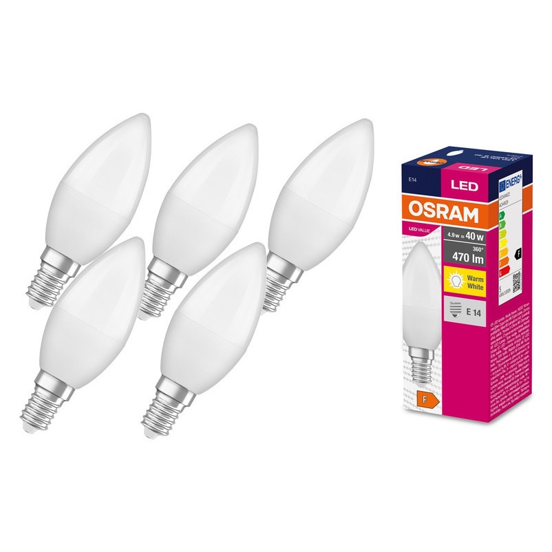 Set 5 becuri LED OSRAM, tip lumanare, E14, 4.9W, lumina calda, 3000K ...