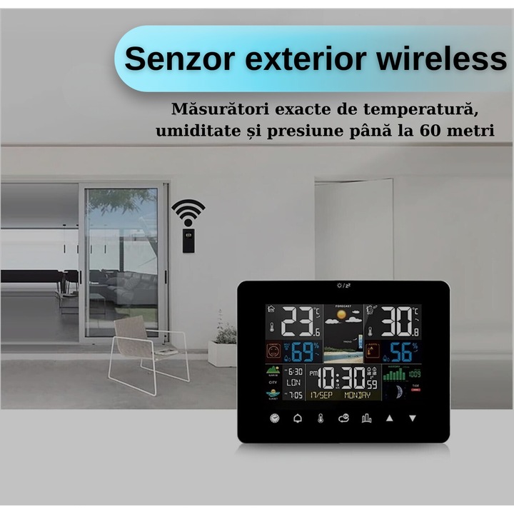 Statie Meteo Digitala cu Senzor Exterior Wireless, Ecran Tactil Color ...