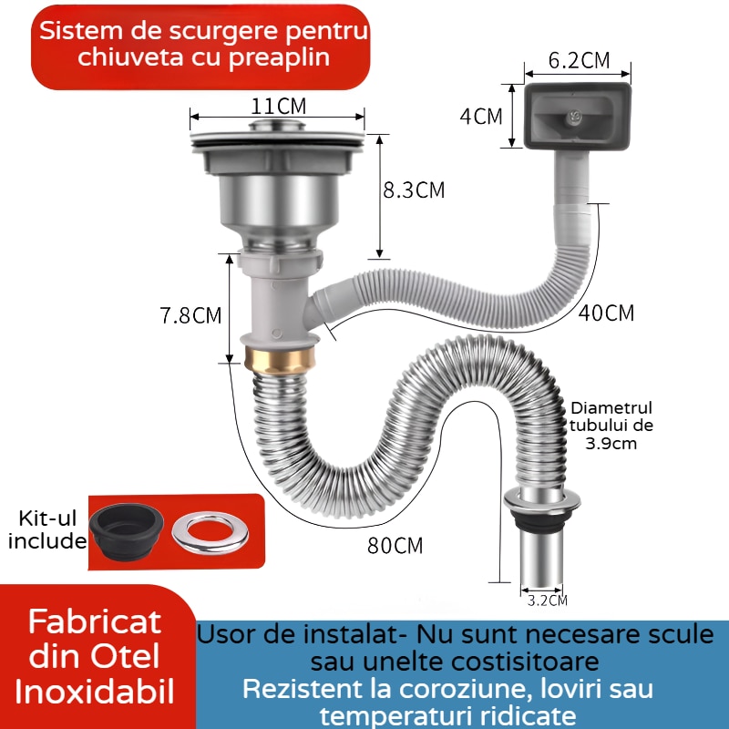 Sifon Chiuveta cu Preaplin din Inox, Kit Complet, Include Ventil cu ...
