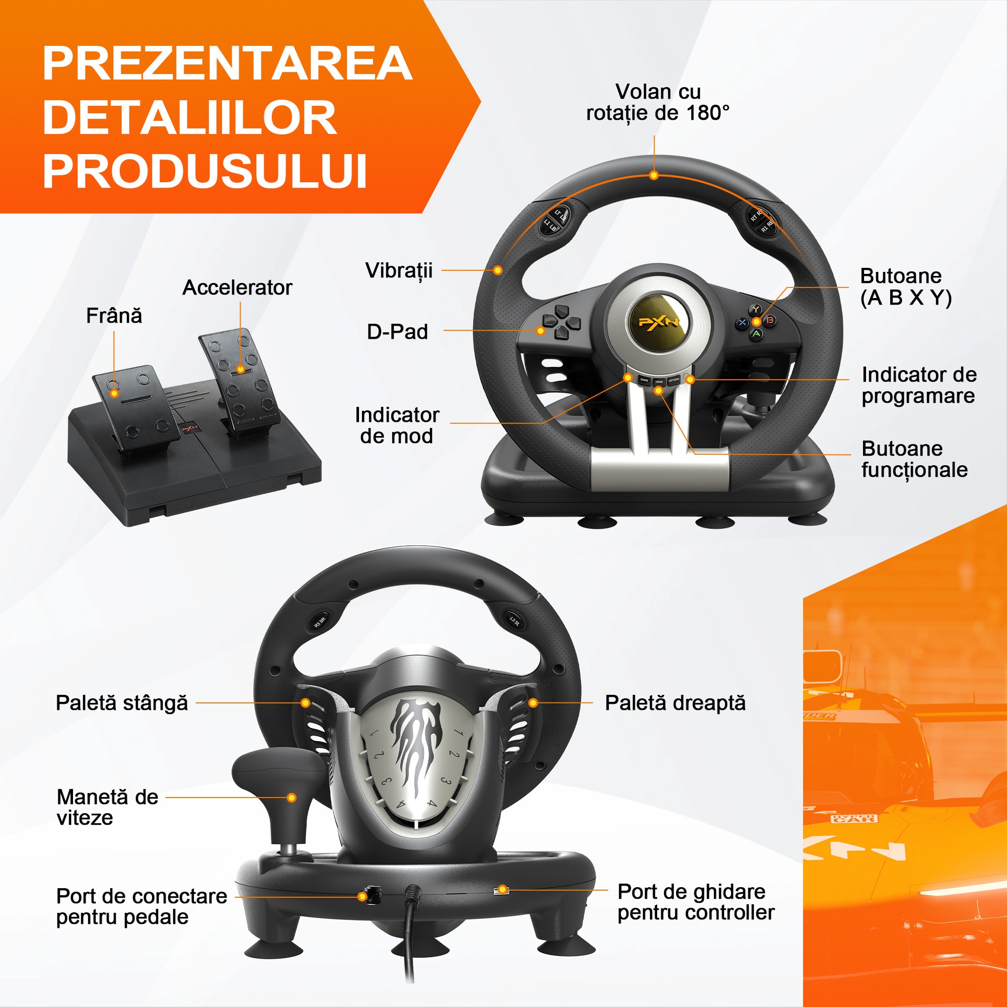 PXN V3 Pro Volan Gaming cu Pedale, 180° Rotire, Feedback prin Vibratii ...