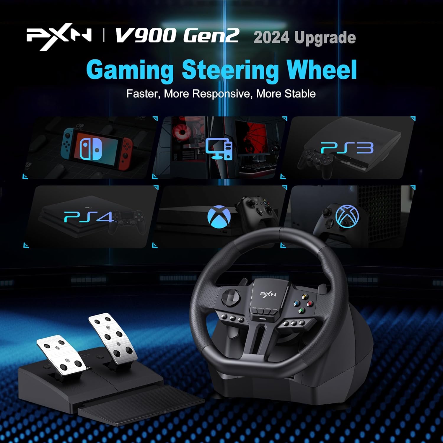 Set volan si pedale gaming PXN, V900 GEN2, 270-900 rotatii, pedale Hall ...