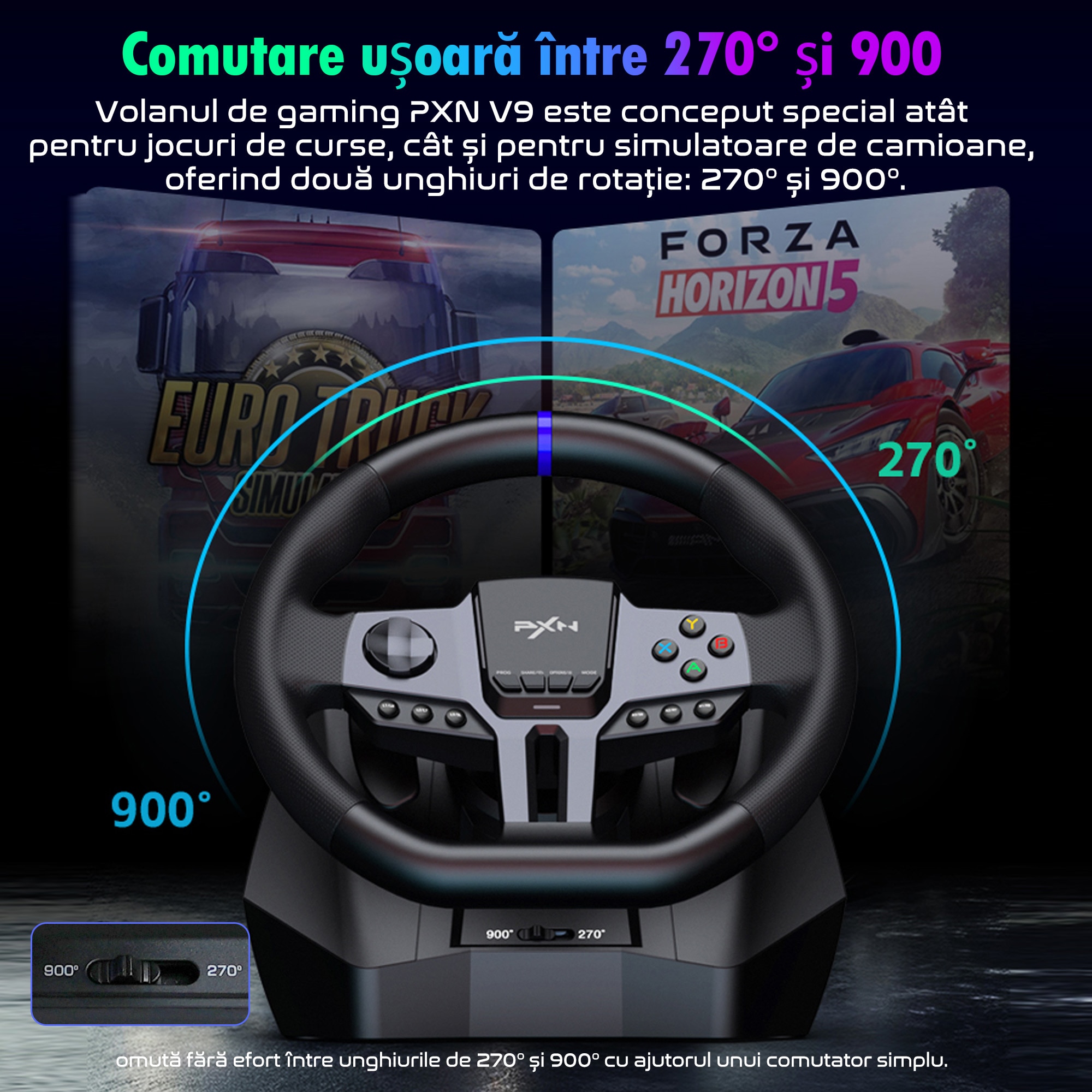 Set volan, schimbator si pedale gaming PXN, V9 Gen2, 270°/900°, H ...