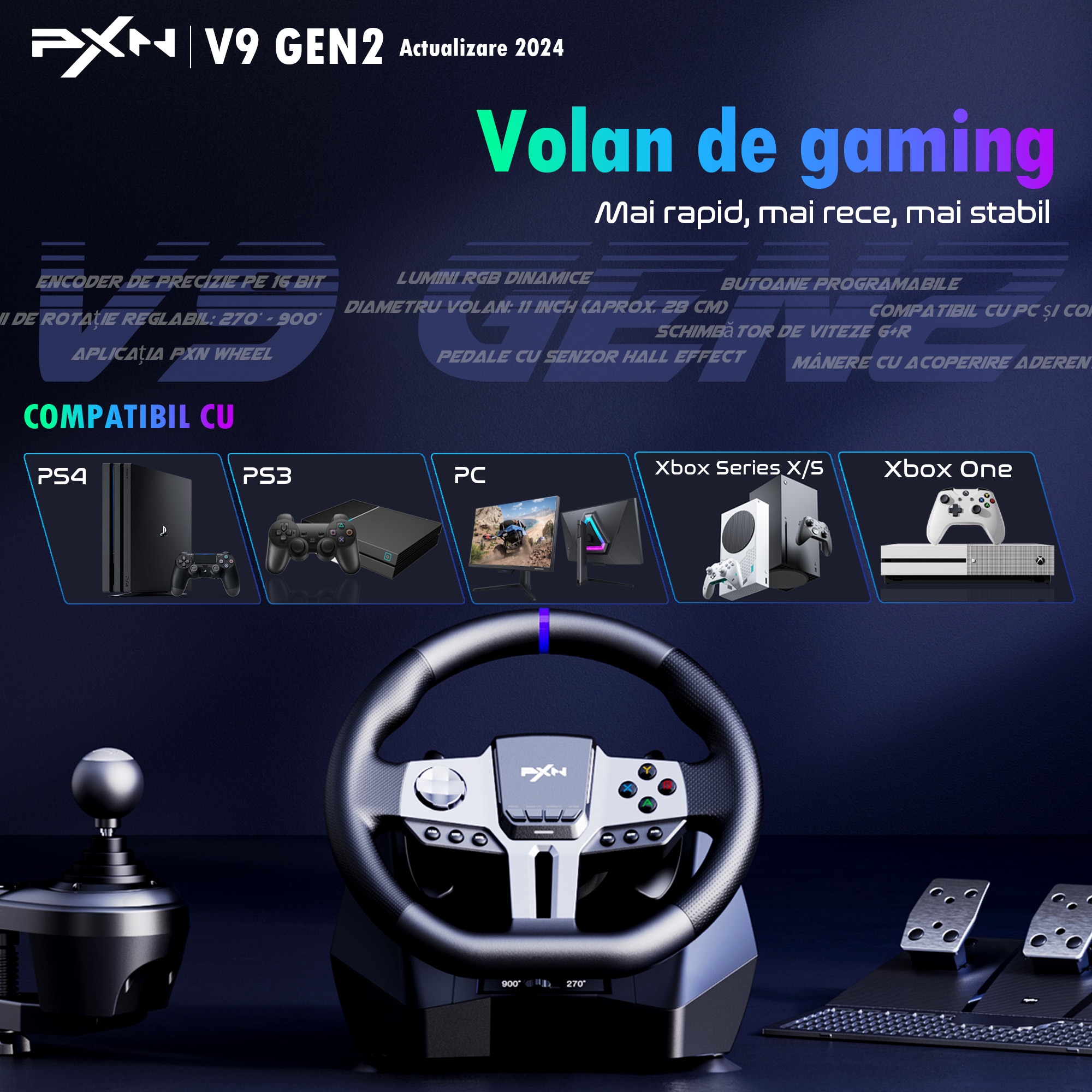 Set volan, schimbator si pedale gaming PXN, V9 Gen2, 270°/900°, H ...