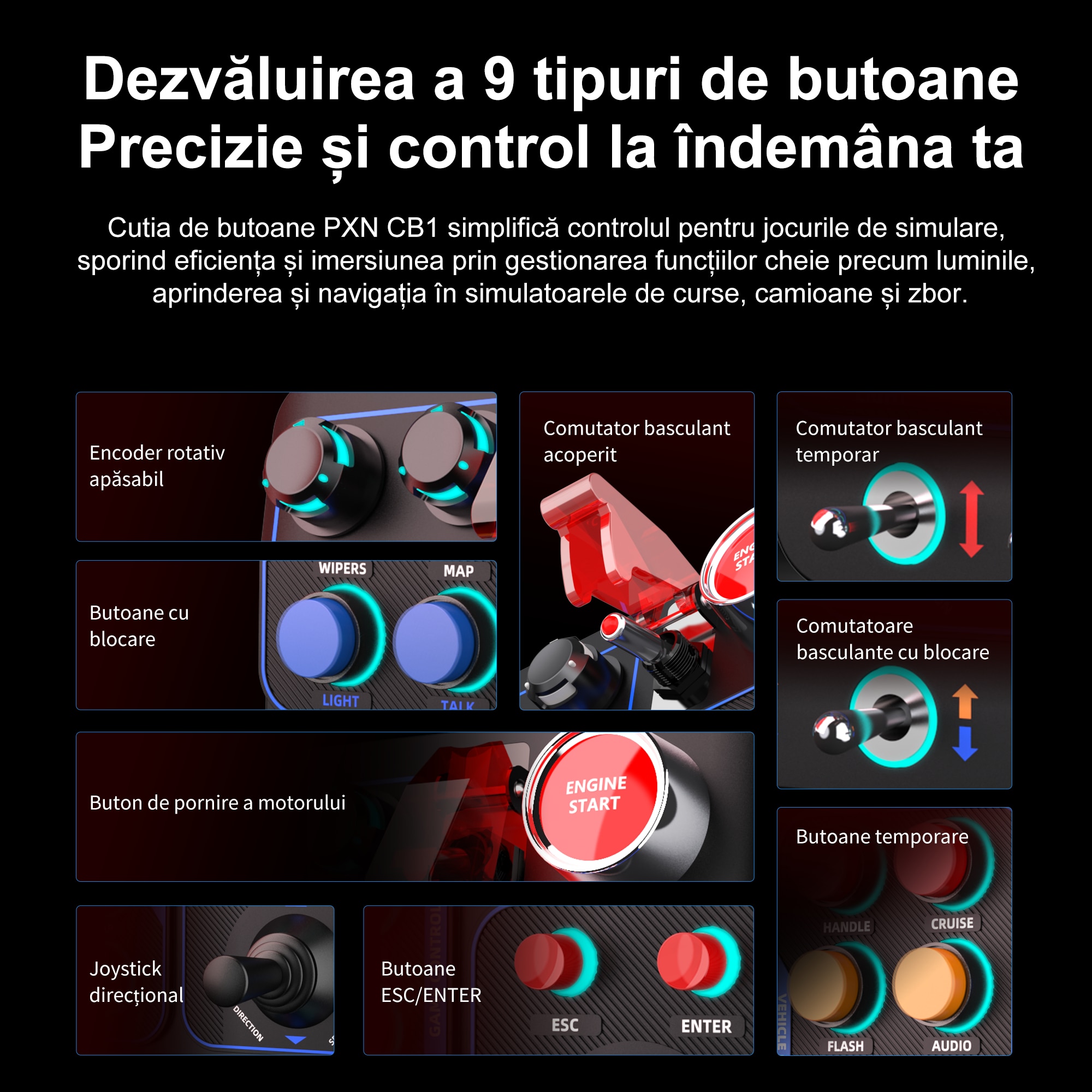 PXN CB1 Button Box pentru jocuri PC, compatibil Windows 7/8/10/11 ...