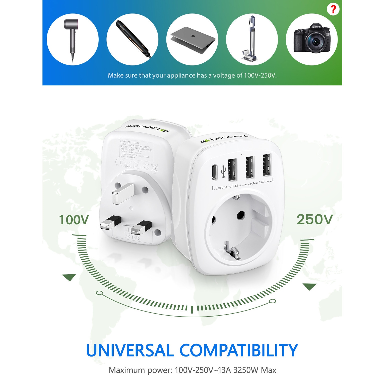 Adaptor Priza EU-UK, Convertor Priza cu USB Calatorie, LENCENT®, 1 ...