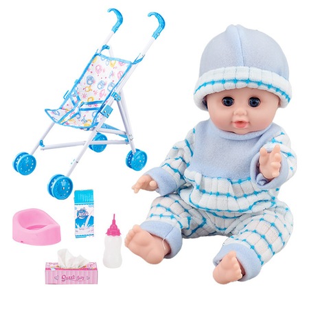 Papusa bebe cu carucior si accesorii, 33cm, detalii realiste, silicon ...