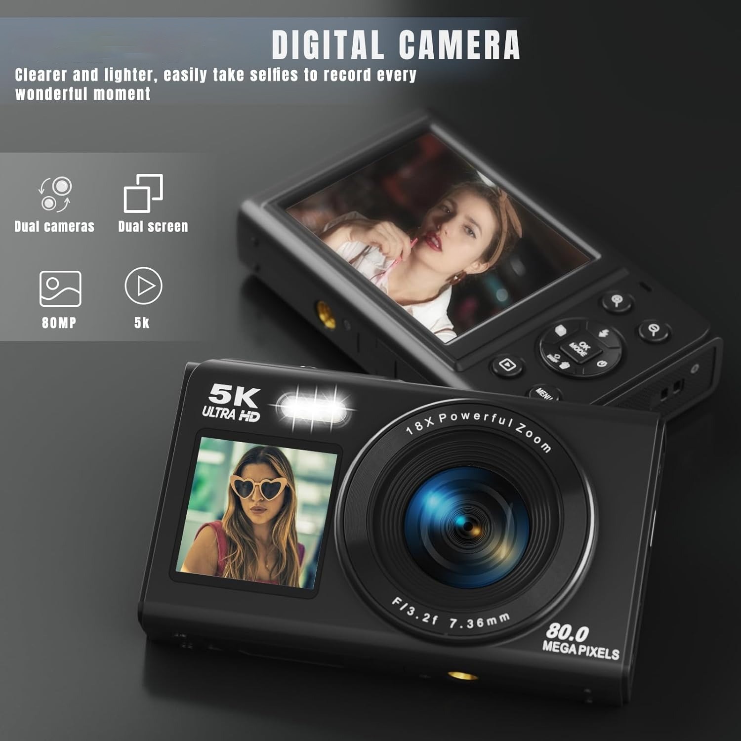 Aparat foto digital compact, ORBER, 5K, camere duale fata si spate ...