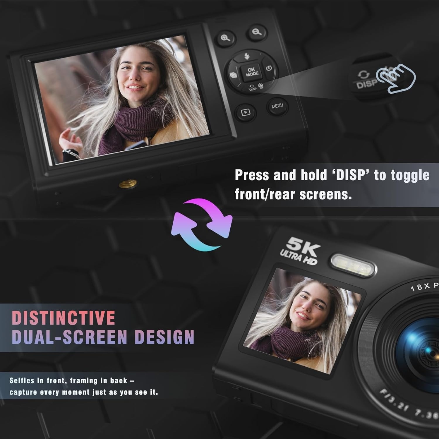 Aparat foto digital compact, ORBER, 5K, camere duale fata si spate ...