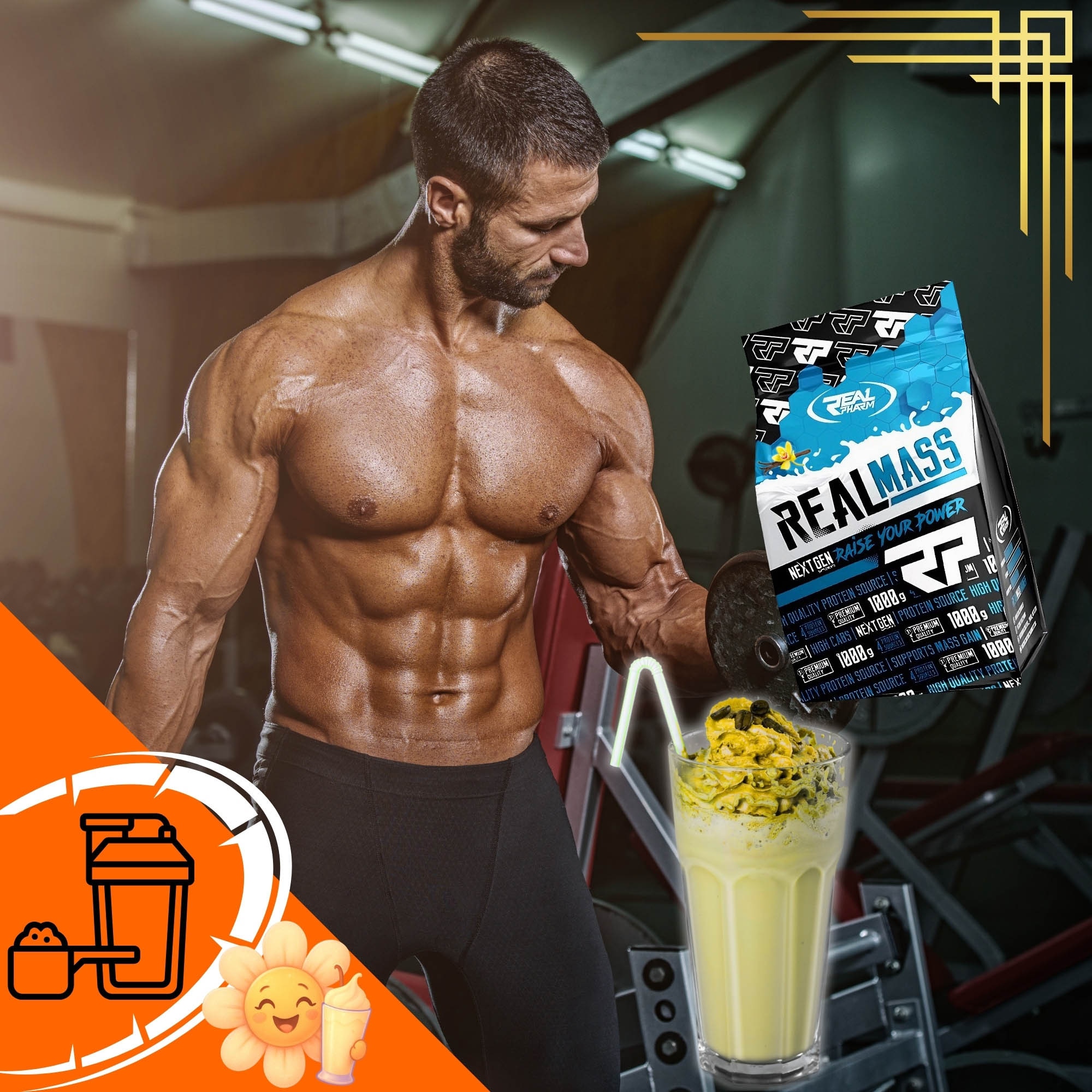 Gainer masa musculara Real Mass, 1000g, 3 fractiuni proteice, 68% carbohidrati, vanilie - eMAG.ro
