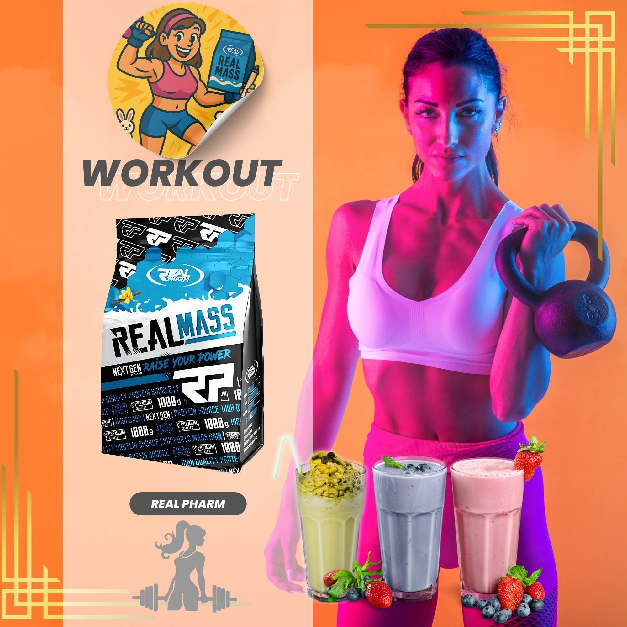 Gainer masa musculara Real Mass, 1000g, 3 fractiuni proteice, 68% carbohidrati, vanilie - eMAG.ro