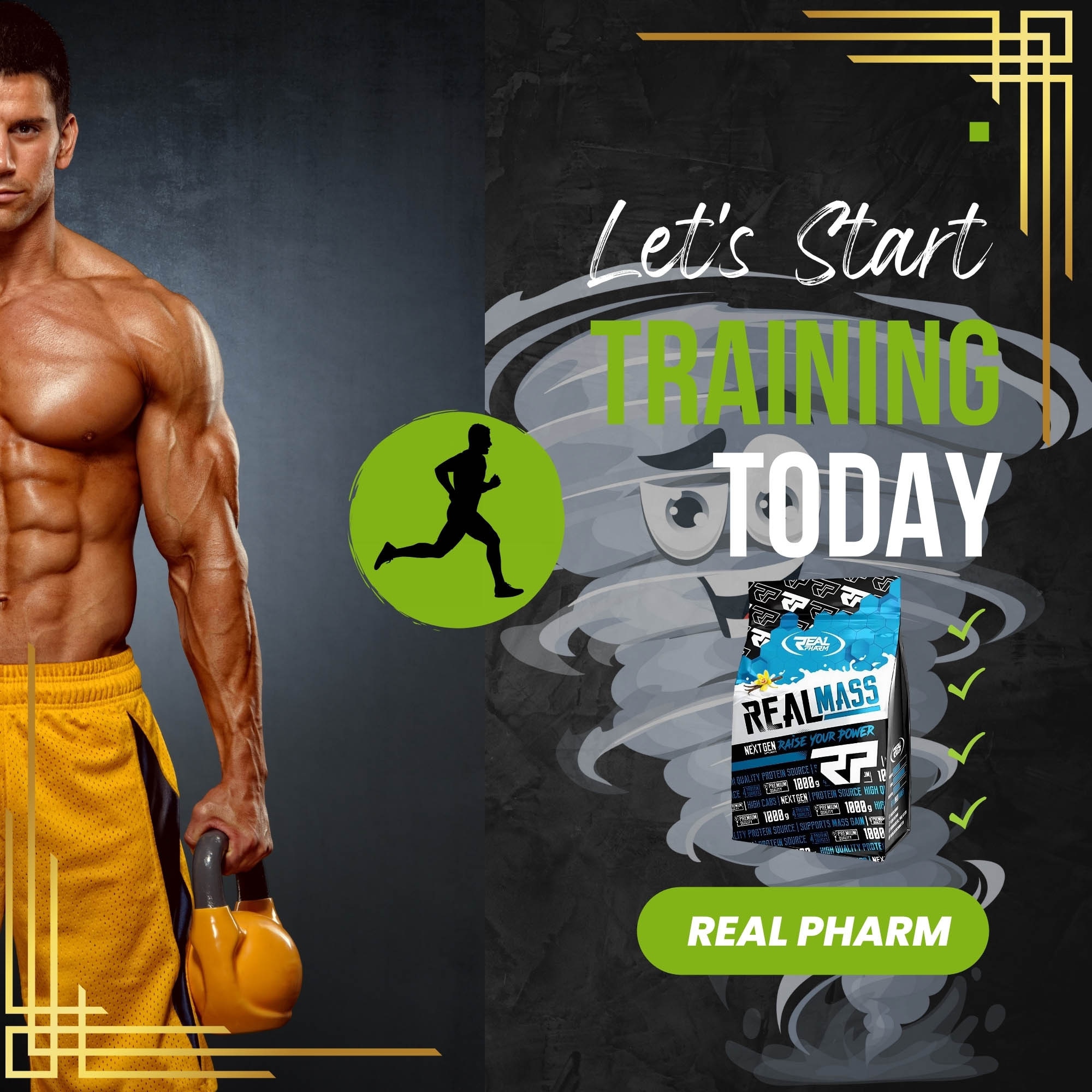 Gainer masa musculara Real Mass, 1000g, 3 fractiuni proteice, 68% carbohidrati, vanilie - eMAG.ro