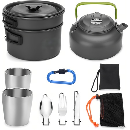 Set vesela camping, 10 piese, oala si tigaie din aluminiu, ibric 0.8L ...
