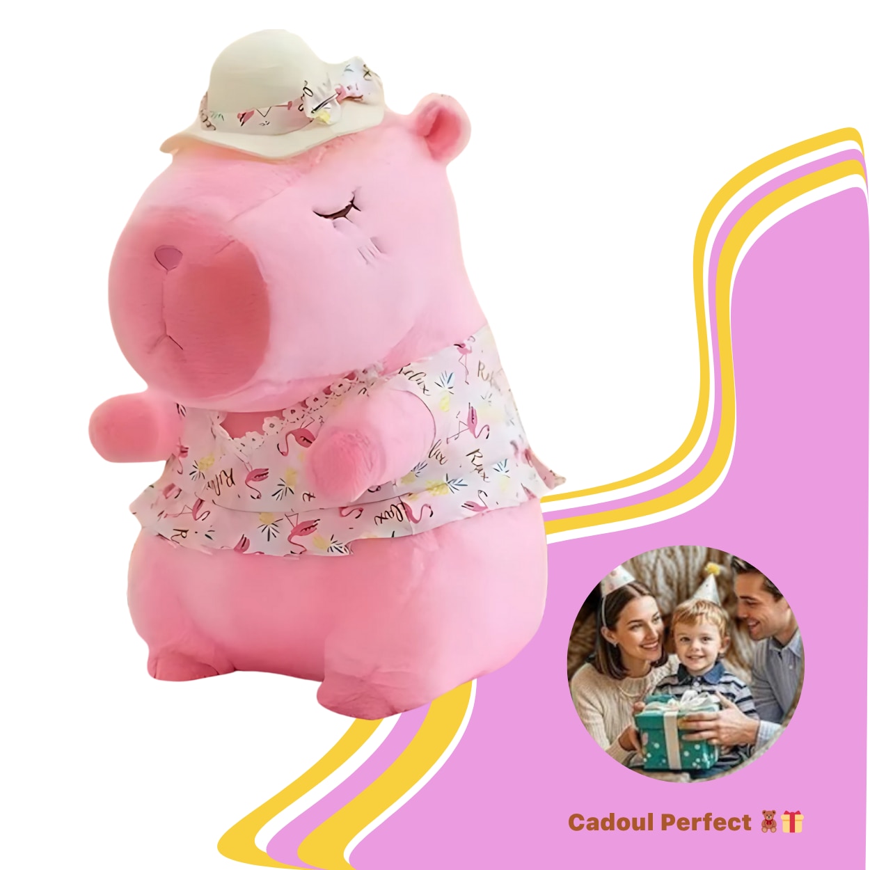 Jucarie de plus, Capibara cu Patura, Blana Ultra-Moale, Roz, 46 cm ...