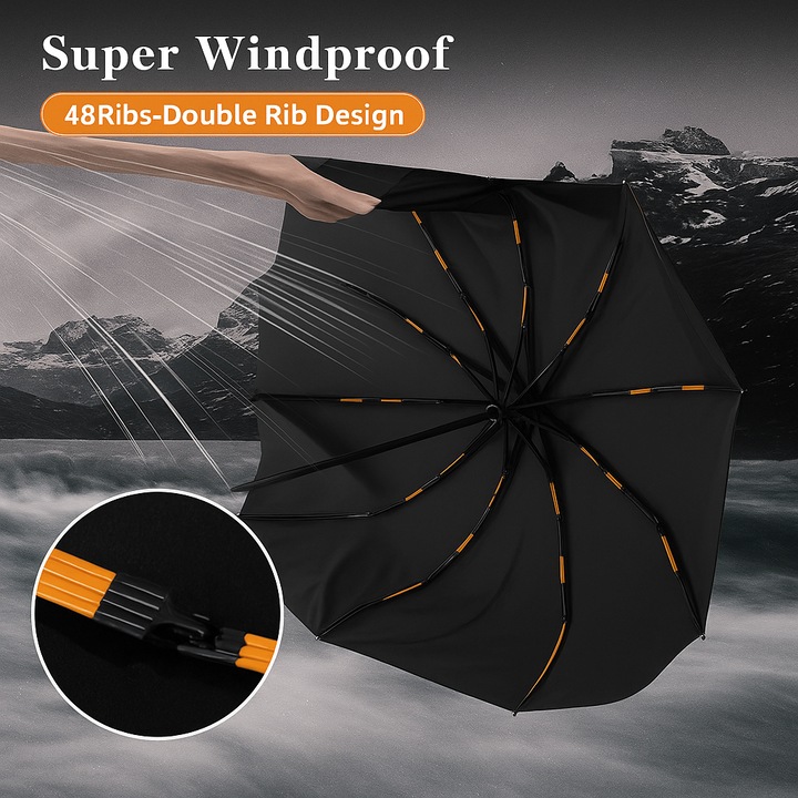 Umbrela de ploaie pliabila cu husa, rezistenta la vant puternic ...