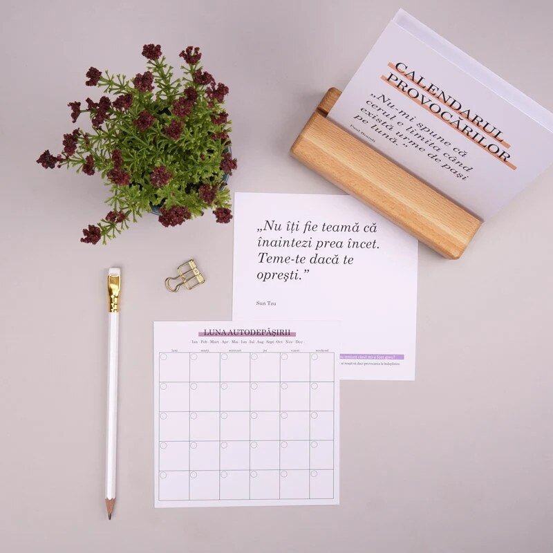 Calendar de birou permanent WonderStore cu suport de lemn, provocări ...
