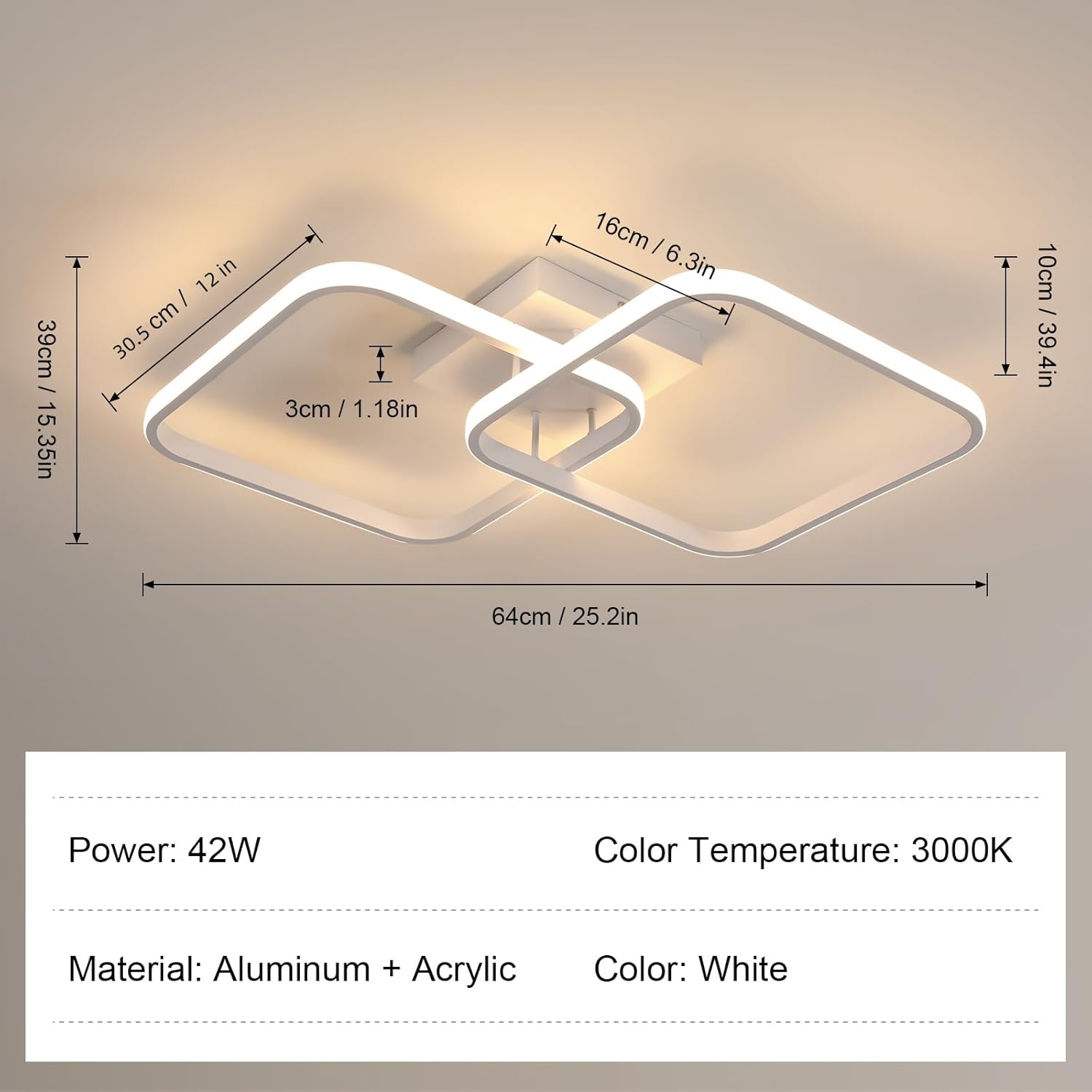 Plafoniera LED Moderna, Goeco,42W, 3000K, Lumina Calda, Alba, Patrata ...