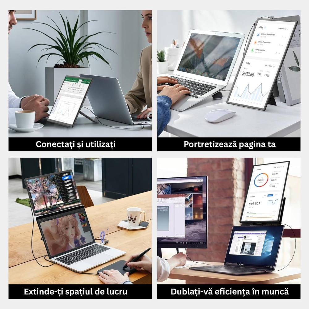 Monitor Extensibil Dublu pentru Laptop, cu Ecran de 16 inch, Afisaj IPS ...
