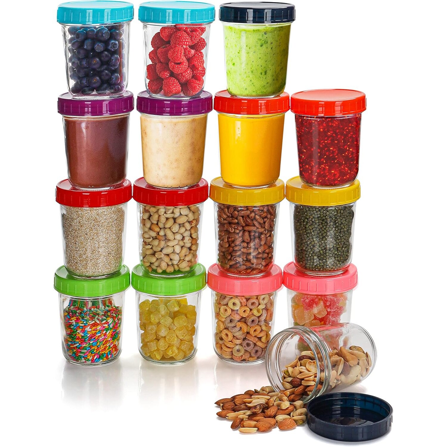 Set 16 borcane, Belle Vous, din sticla, 350 ml, capace colorate, etanse ...