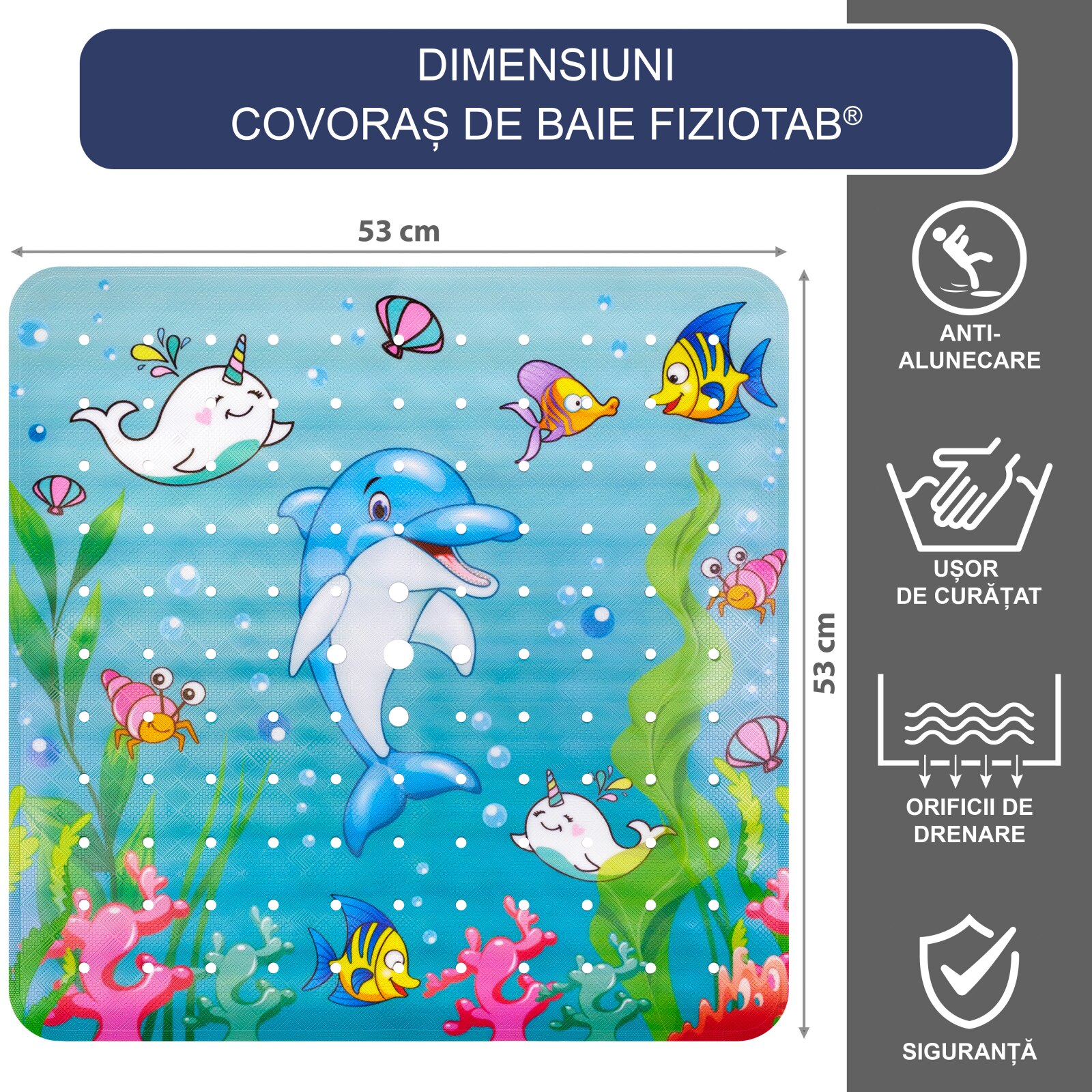 Covoras antiderapant FizioTab® pentru cada dus, 53x53 cm, Multicolor ...