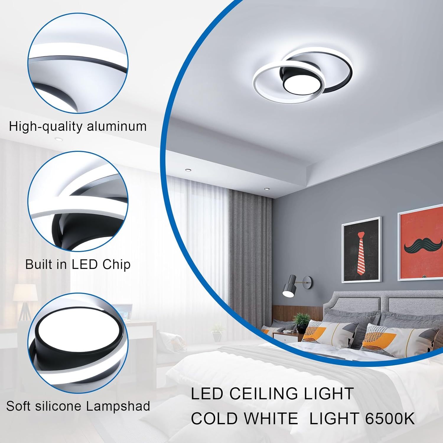 Lampa de tavan LED, Goeco, Rotunda, Alb+Negru, Lumina Rece 6500K, 42W ...