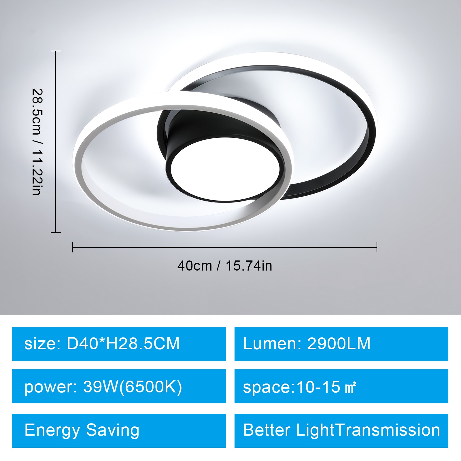 Lampa de tavan LED, Goeco, Rotunda, Alb+Negru, Lumina Rece 6500K, 42W ...