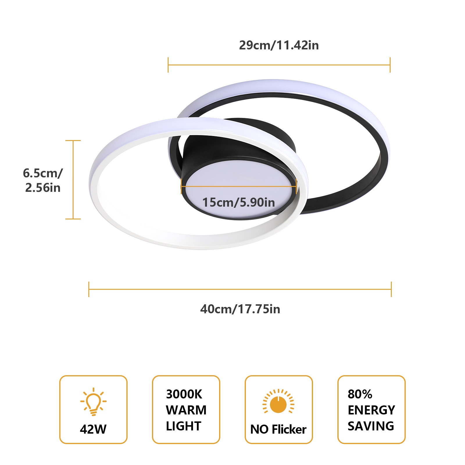 Lampa de tavan LED, Goeco, Rotunda, Alb+Negru, Lumina Calda 3000K, 42W ...