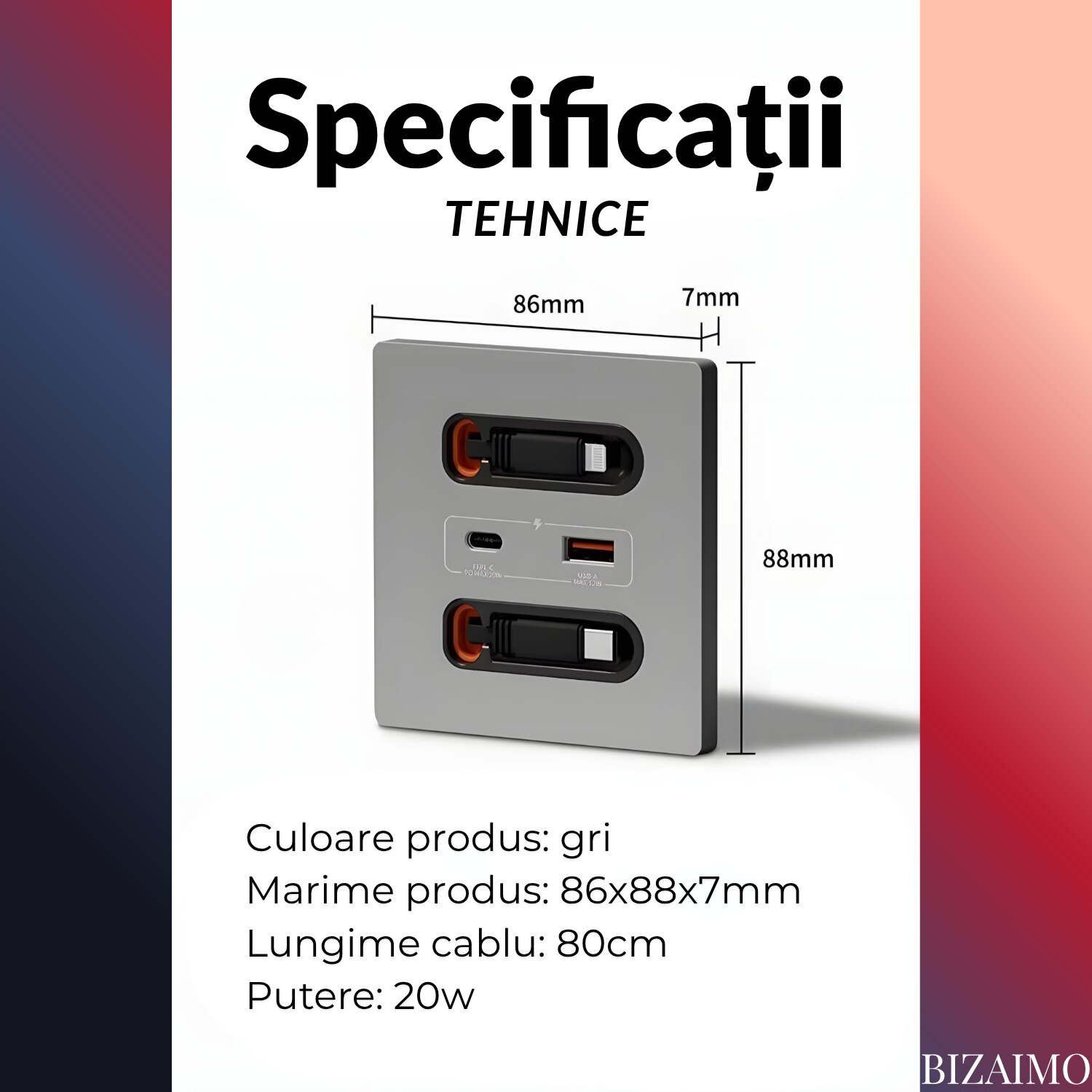 Priza de perete BIZAIMO® cu Incarcare Rapida 20W, Cabluri retractabile ...