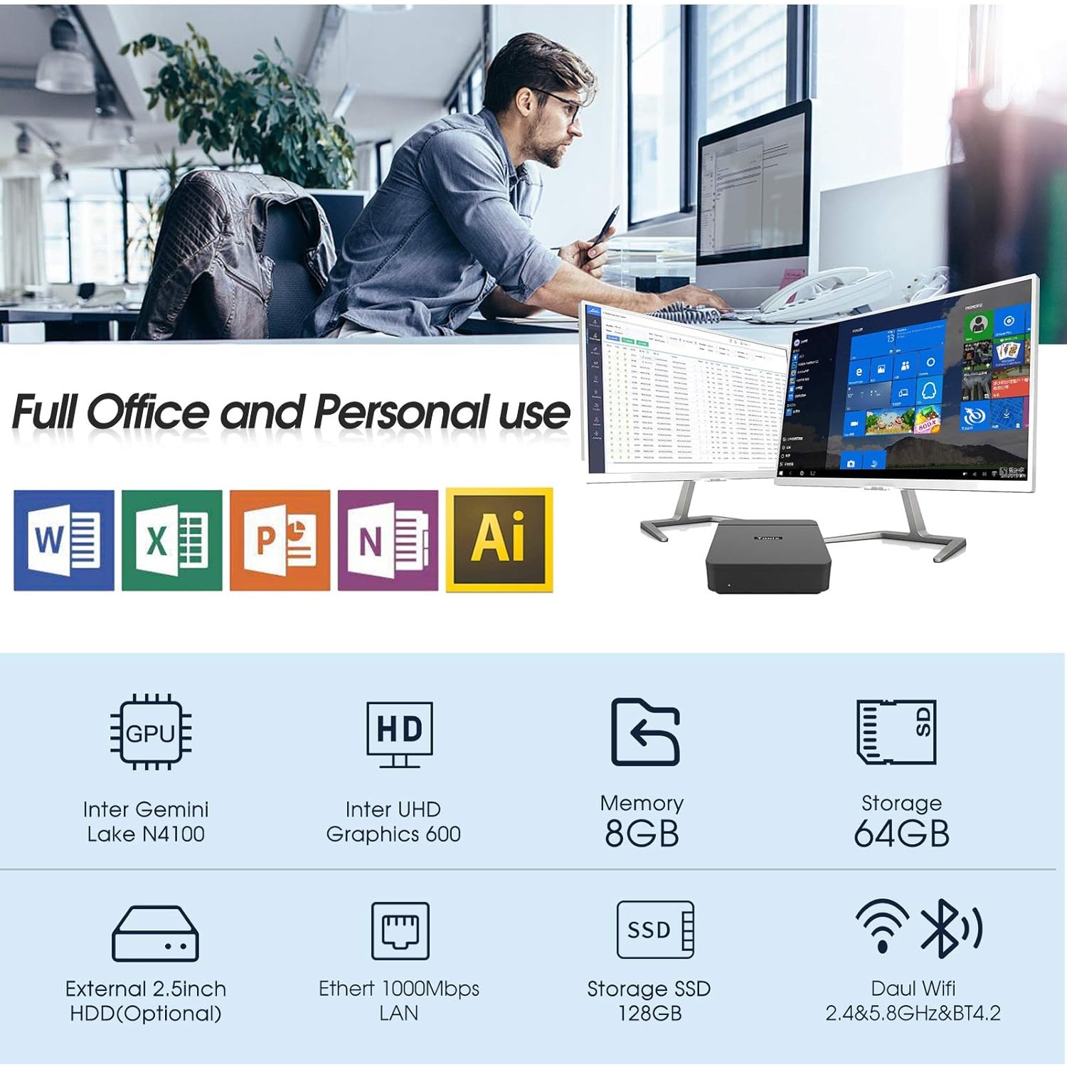 Mini PC Windows 10, TX88 8GB DDR4 / 64GB eMMC+128GB SSD Intel Celeron ...