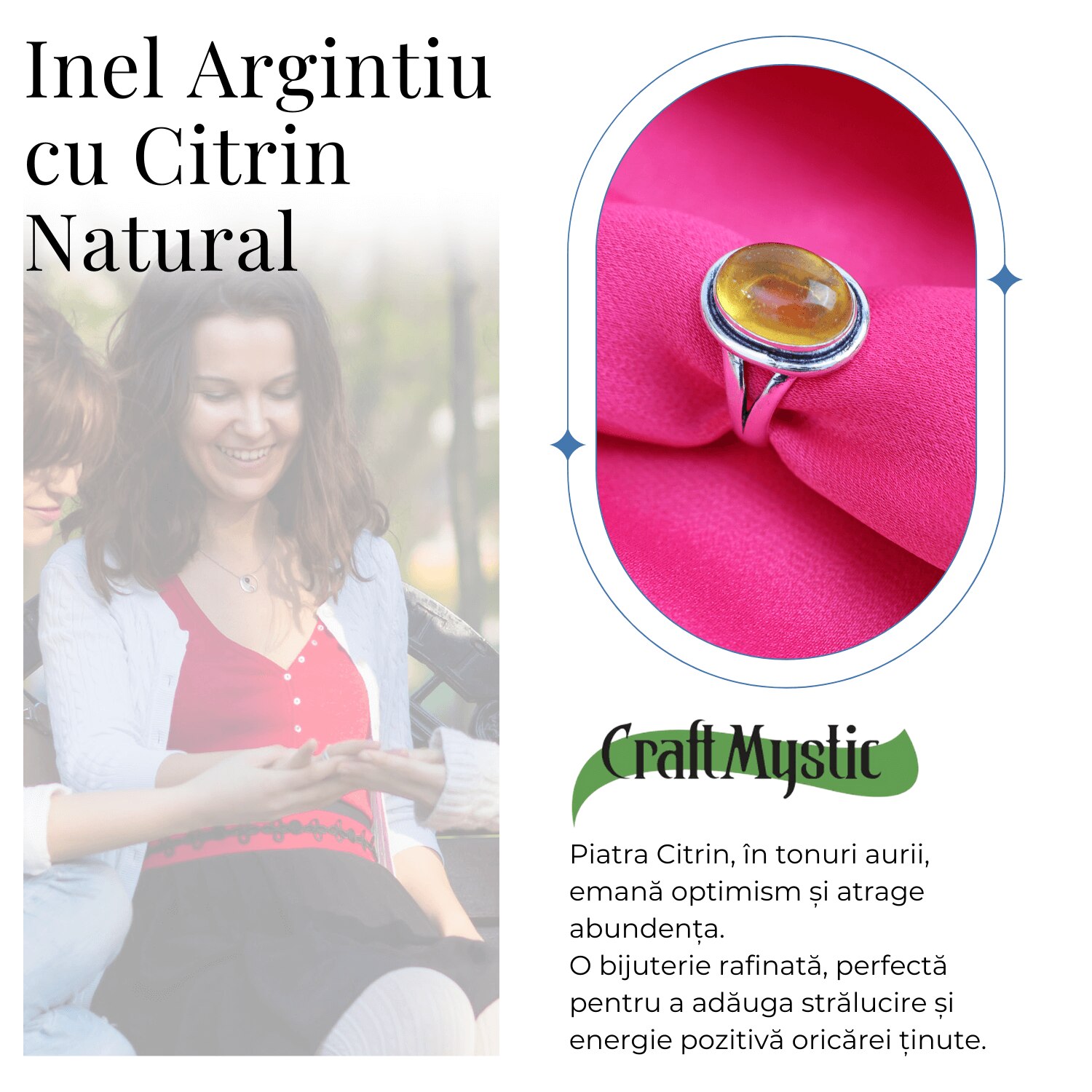 Inel Ajustabil Argintiu cu Citrin Natural - eMAG.ro