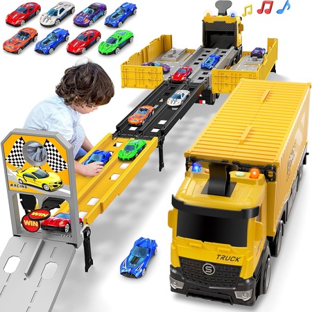 Set camion trailer de jucarie pentru transport masinute de curse ...