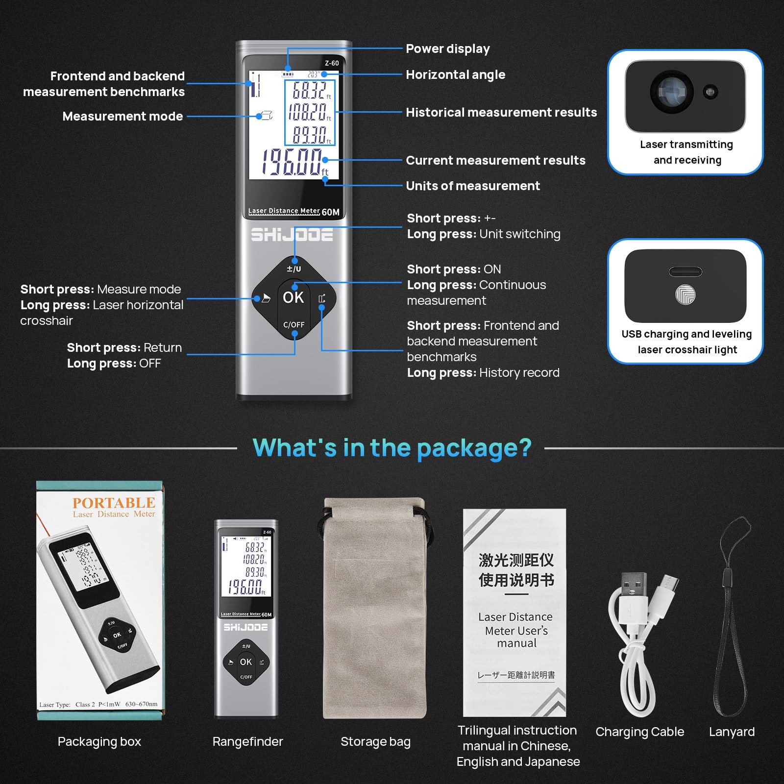 Telemetru cu laser，SHIJOOE®，cu fascicol laser cruce，Reincarcabil 500mAh，60M，M/in/ft, Ecran LCD ...