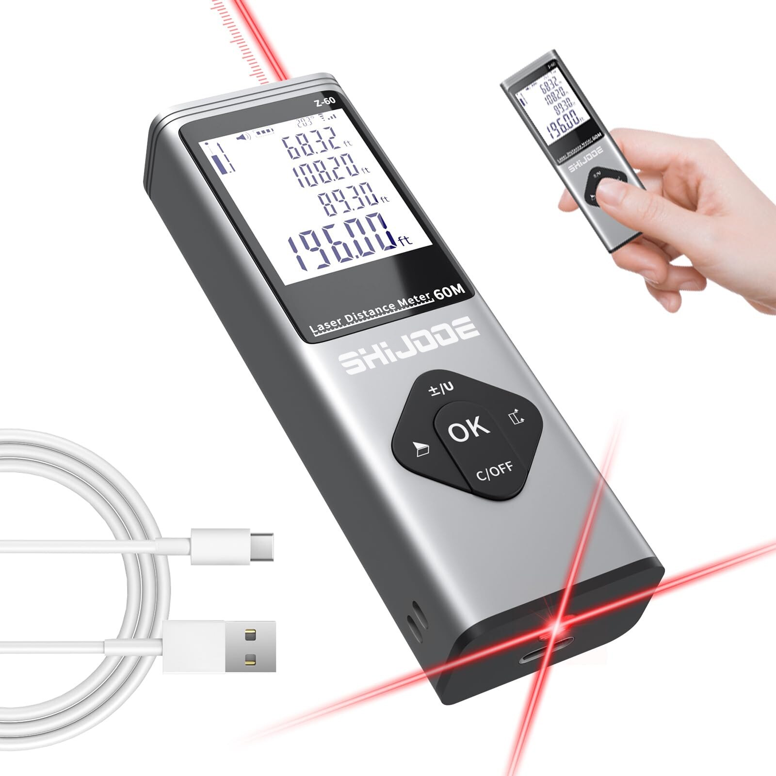 Telemetru cu laser，SHIJOOE®，cu fascicol laser cruce，Reincarcabil 500mAh，60M，M/in/ft, Ecran LCD ...