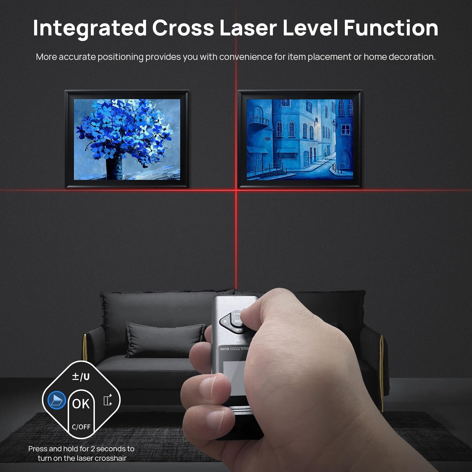 Telemetru cu laser，SHIJOOE®，cu fascicol laser cruce，Reincarcabil 500mAh，60M，M/in/ft, Ecran LCD ...