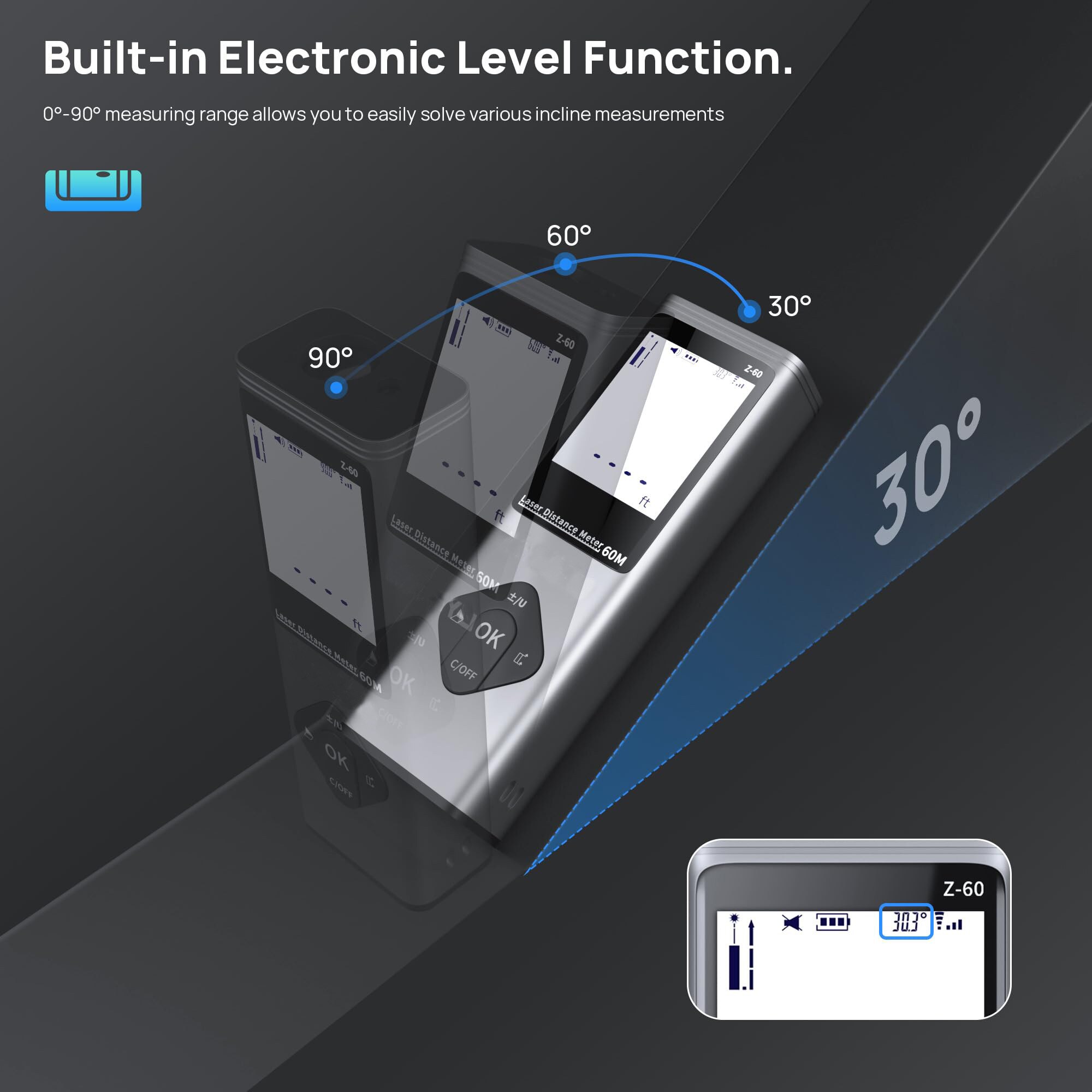 Telemetru cu laser，SHIJOOE®，cu fascicol laser cruce，Reincarcabil 500mAh，60M，M/in/ft, Ecran LCD ...