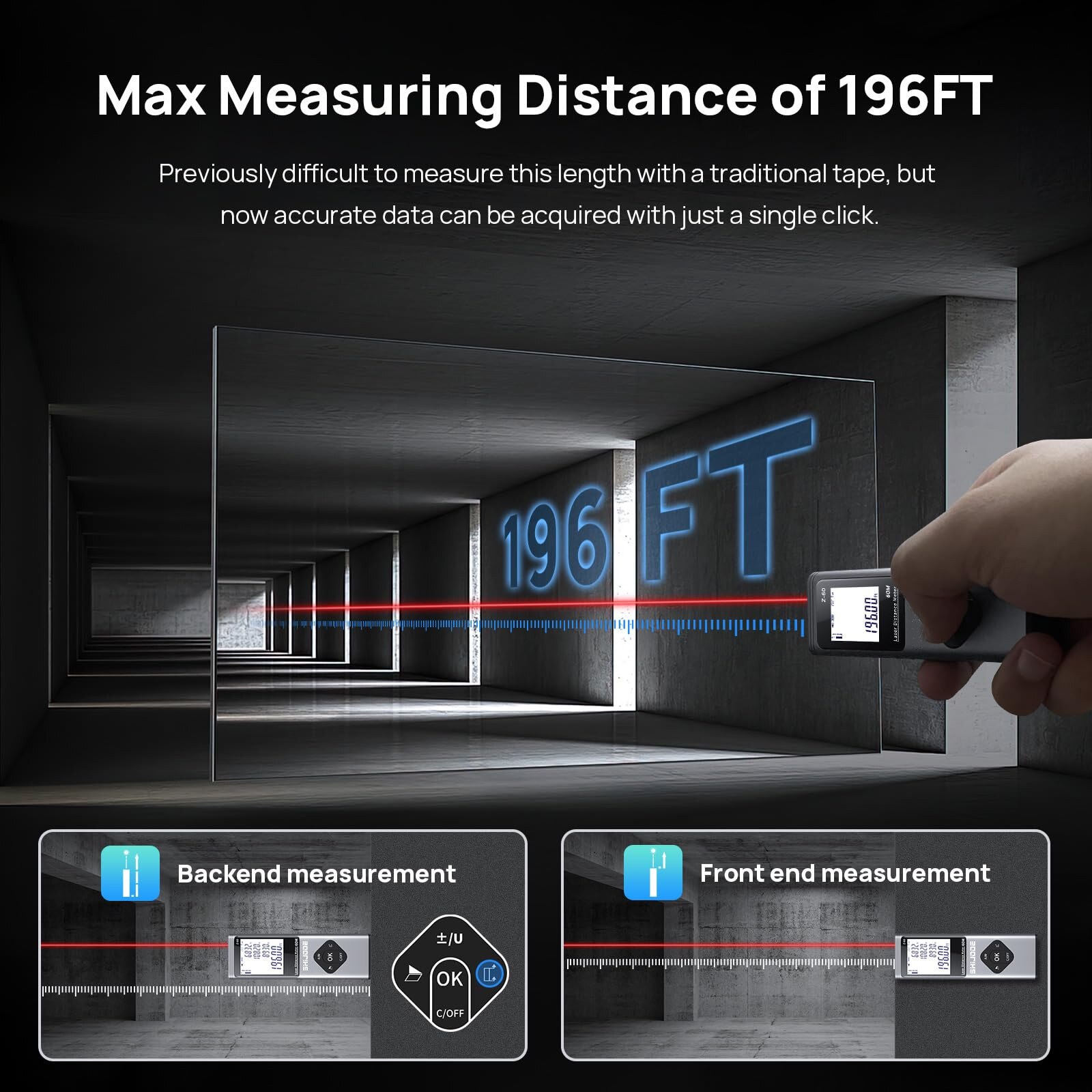 Telemetru cu laser，SHIJOOE®，cu fascicol laser cruce，Reincarcabil 500mAh，60M，M/in/ft, Ecran LCD ...