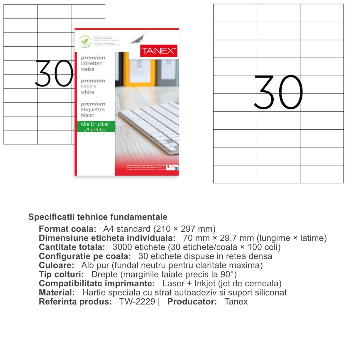 Set 3000 etichete autoadezive A4, 100 coli, 30 etichete/coala, 70x29.7 ...