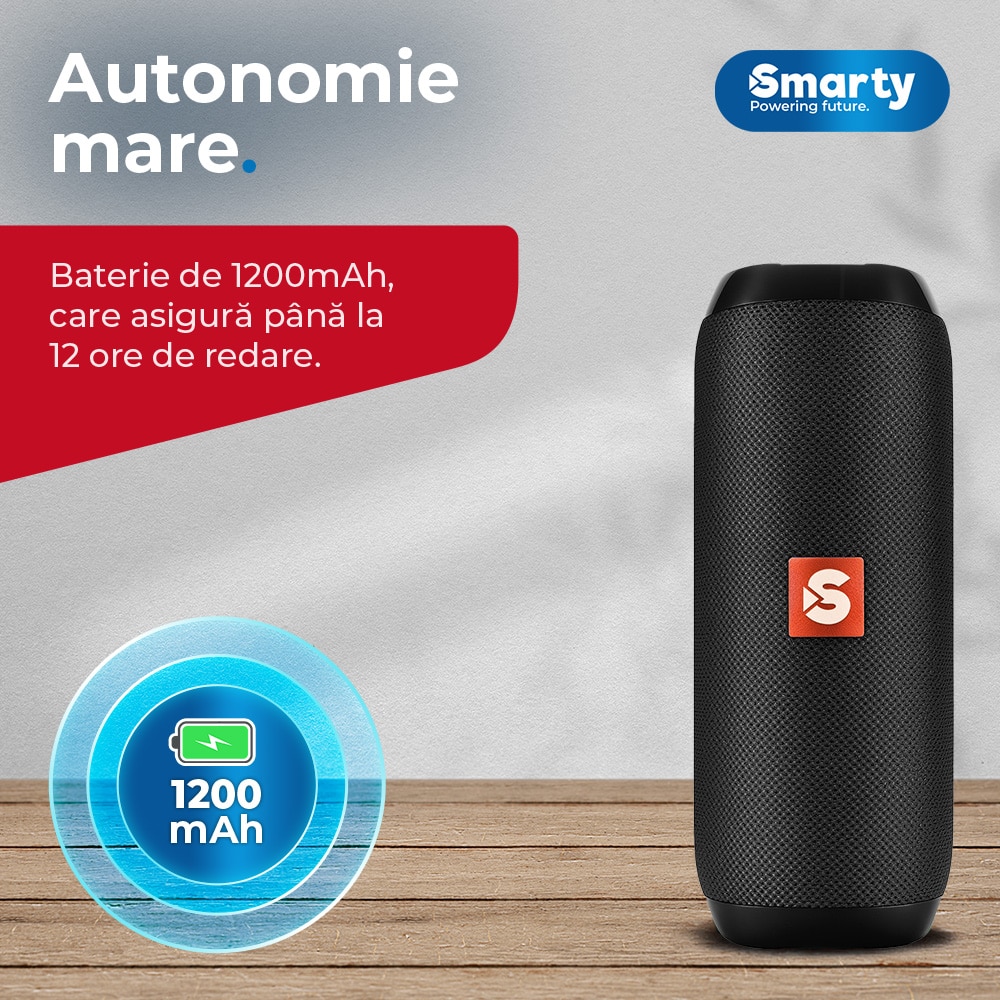 Boxa Portabilă Smarty Boom TG, 10W, Bluetooth, Rezistentă la apă, Negru ...