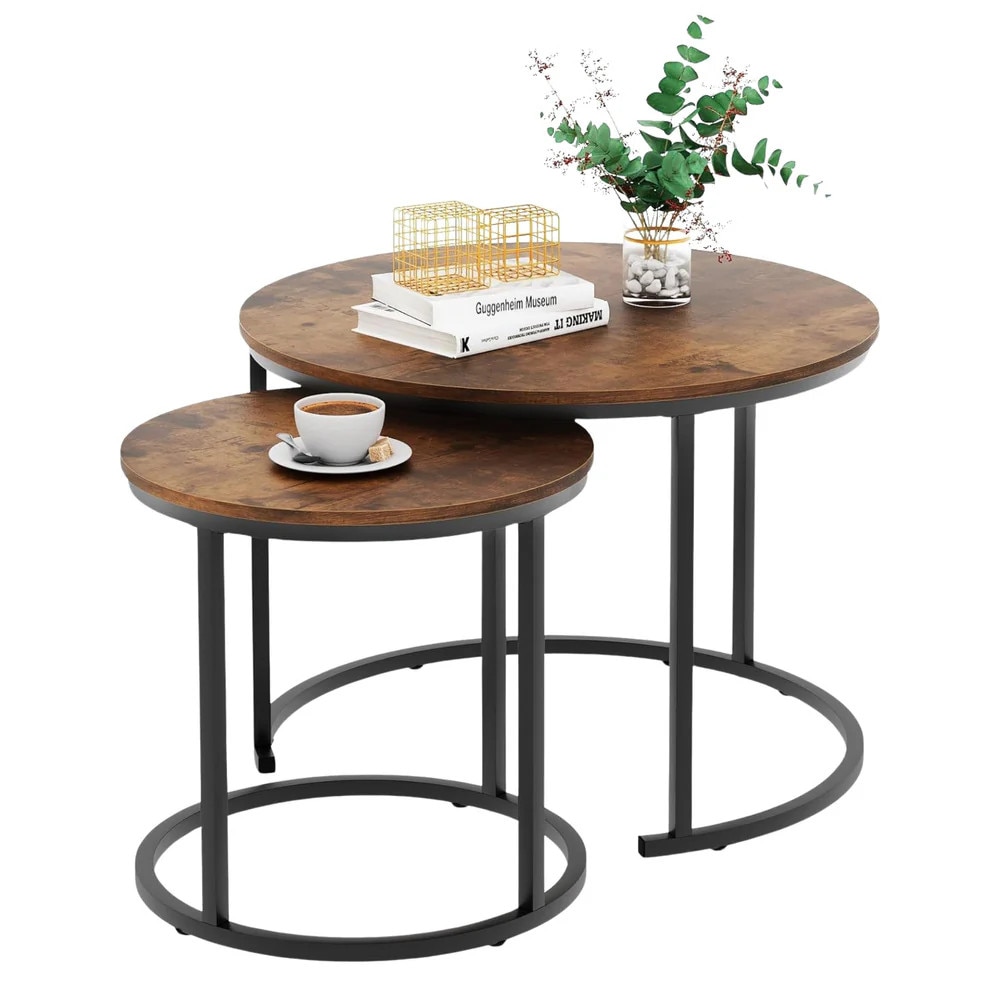 Set masute de cafea rotunde 2 in 1, lemn natural, 70x50cm, 45x44cm ...