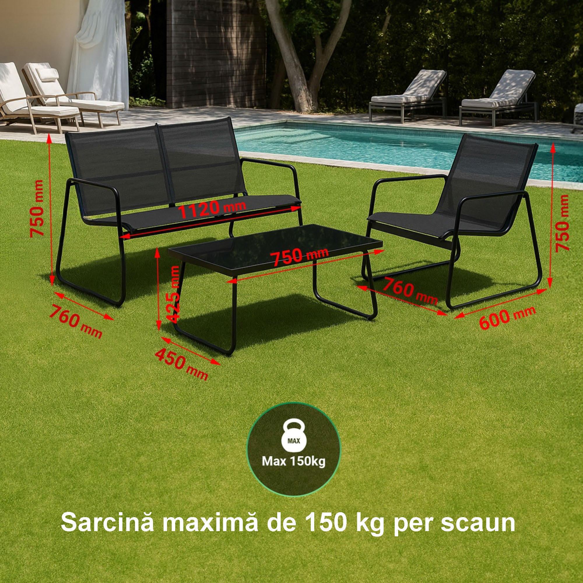 Set mobilier de gradina Black Forest din textilen, 2 scaune + sezlong ...