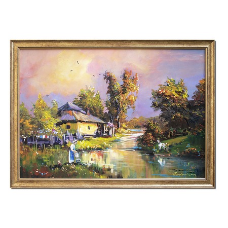 Tablou pictat manual inramat, Apus de soare cu tarancuta, 75x55cm ulei ...