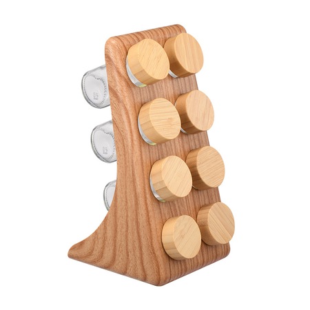 Set de borcane din sticla pentru condimente cu suport – 8 piese. Lemn ...