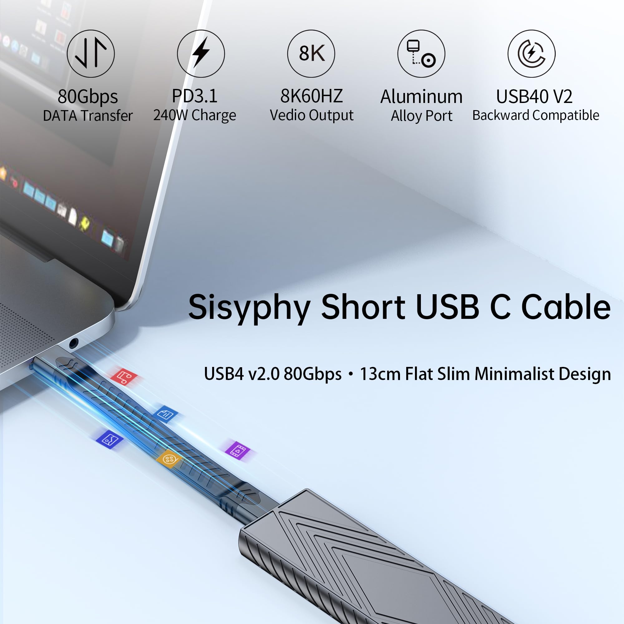 Cablu de date scurt USB-C la USB-C, USB4 v2.0, 80Gbps, Transfer SSD/OTG ...