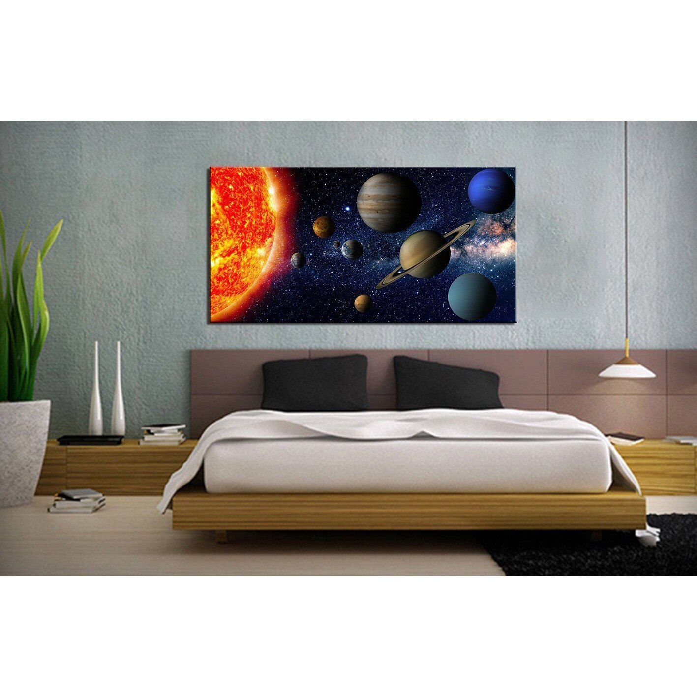 Tablou pe panza canvas cu efect luminiscent, sistemul solar, 40 x 80 cm ...